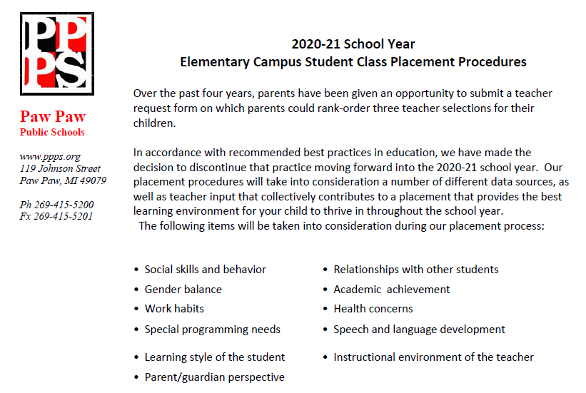 Elementary Student Class Placement Procedures | Paw Paw Later Elementary